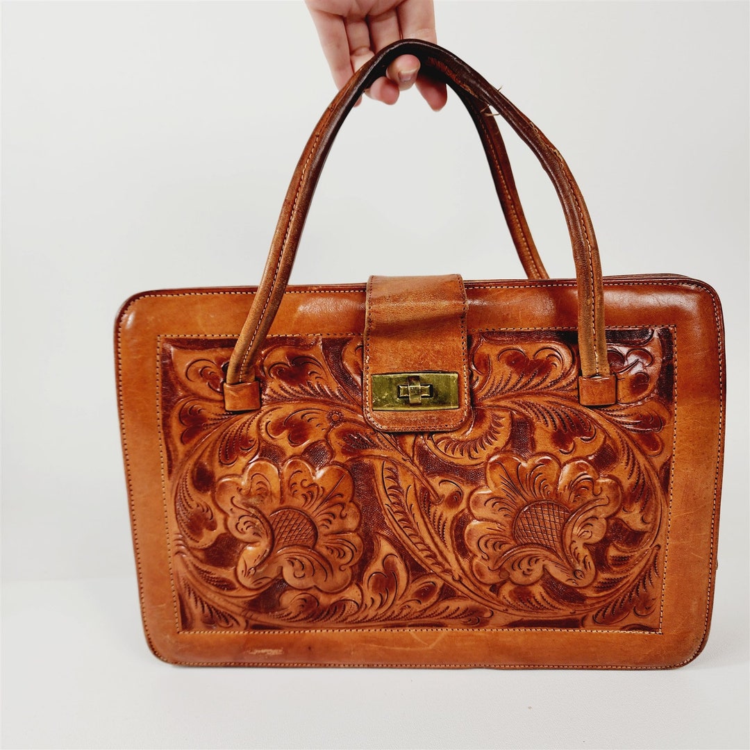 Vintage Leather Hand Tooled Floral Leaf Purse Laced Handbag Tote Bag - Etsy