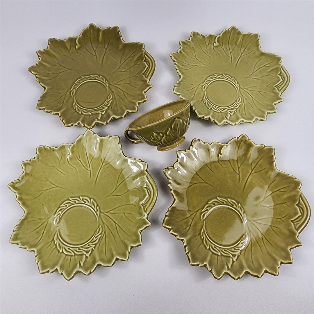 5 Pc Woodfield Steubenville Golden Fawn Green Leaf Snack Tea Set 1 Cup ...