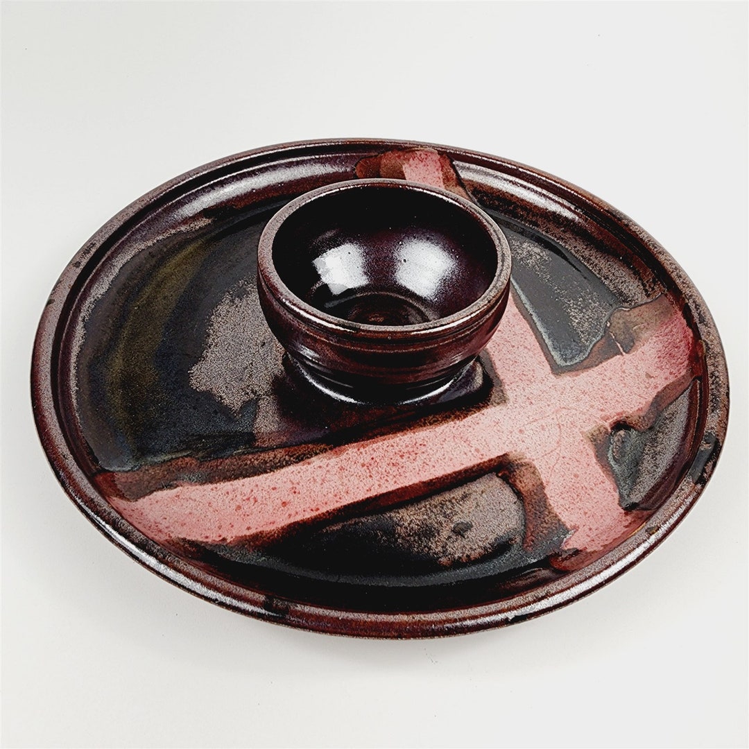 Vintage MCM Art Pottery Snack Tray Dish Dip Bowl Attached Pink Mauve ...