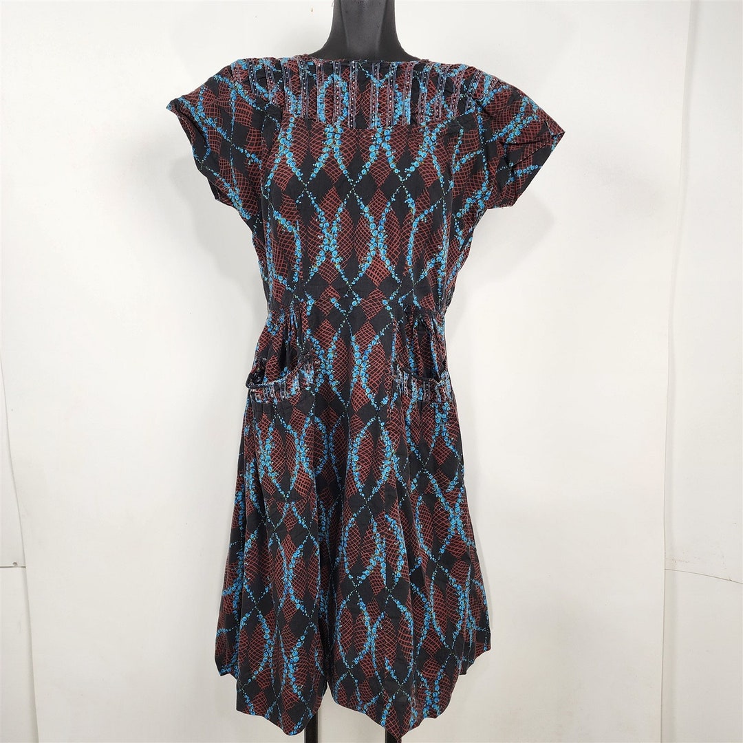Vintage 1950s Swirl Brand Womens Brown & Blue Summer Wrap Day Dress W ...