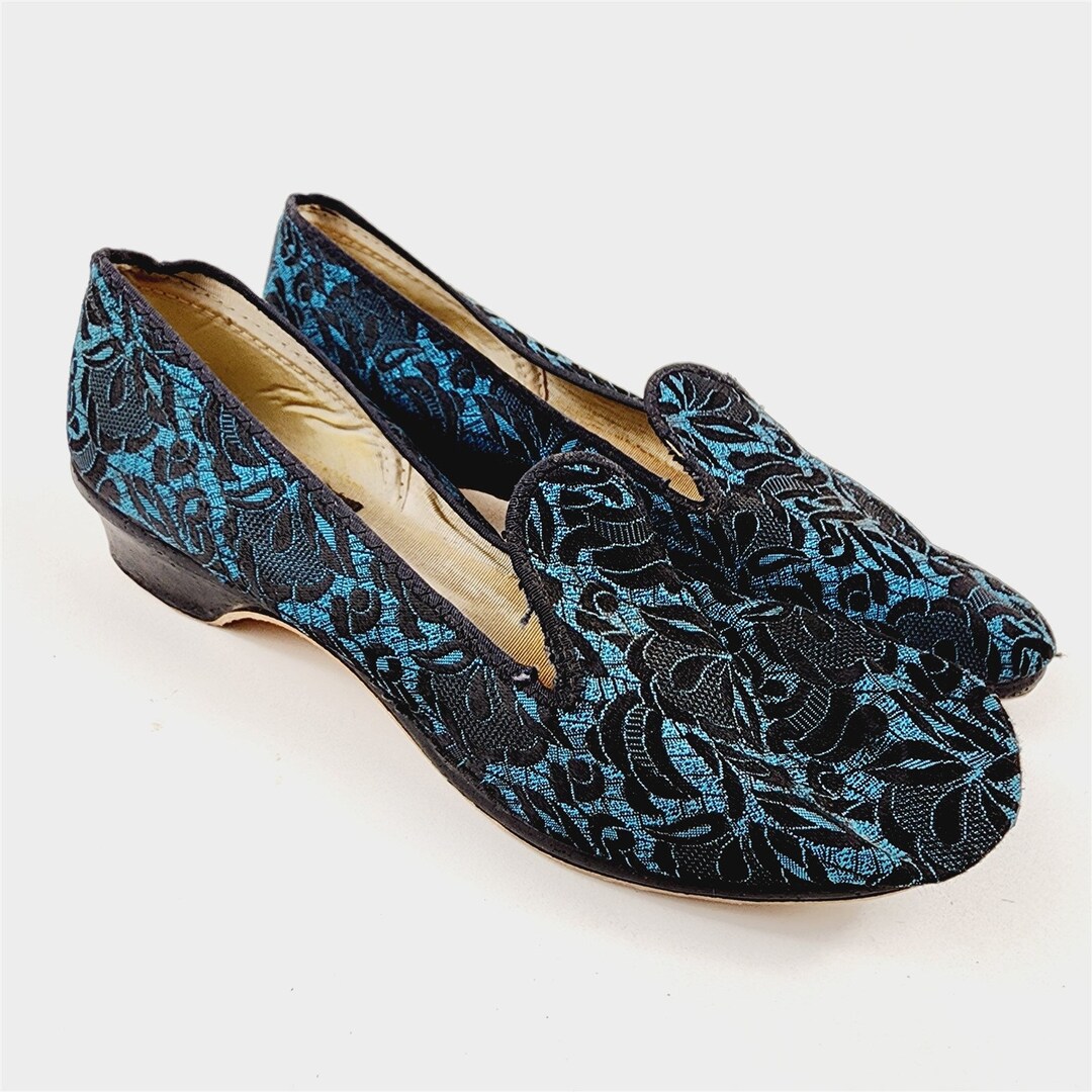 Vintage Black & Blue Wellco Brocade Embroidered Shoes Slippers Size 6 ...