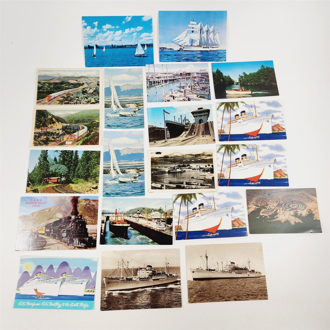 19 Vintage Postcards Trains Boats Sailboats Cruise Ships 1950s Pre ...