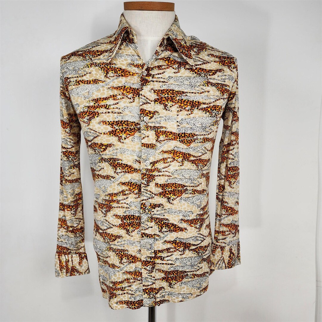 Vintage 1970s PMT Cheetah Dagger Collar Disco Shirt Slim Knit M 15-15 1 ...