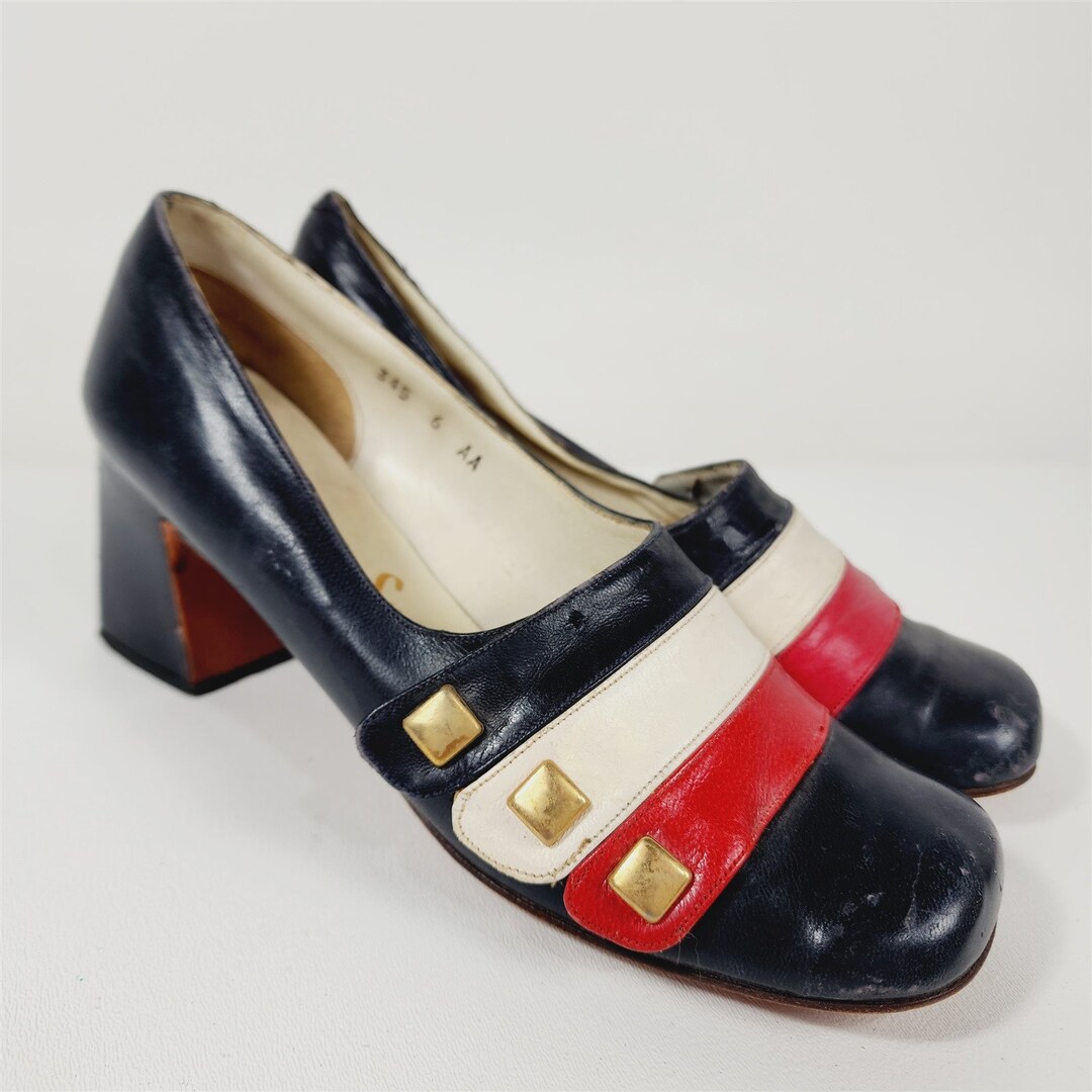 Vintage Made in Spain Red White & Blue Leather Heels Square Toe Shoes ...