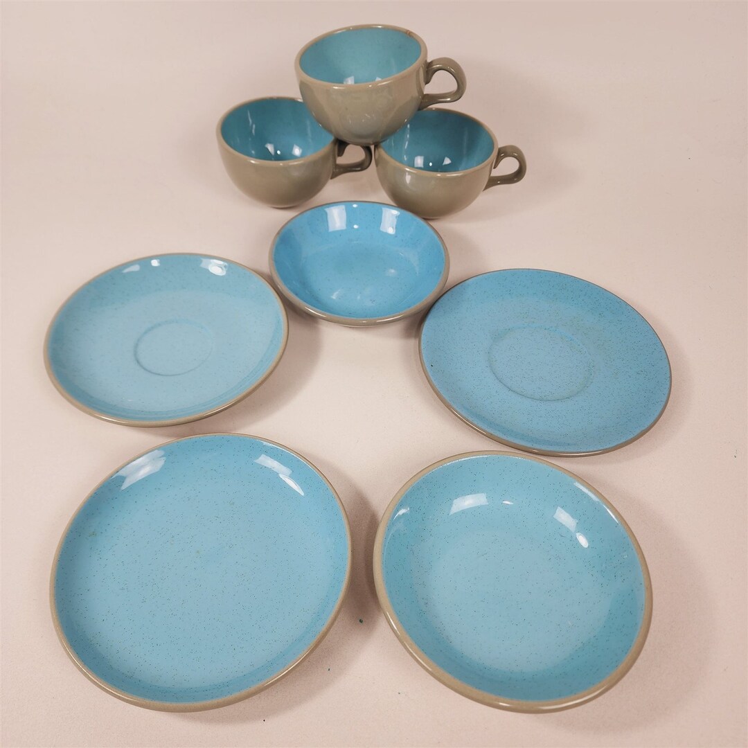 8 Pc Set Vintage Harkerware Stoneware Speckled Blue Gray Cups Plates ...