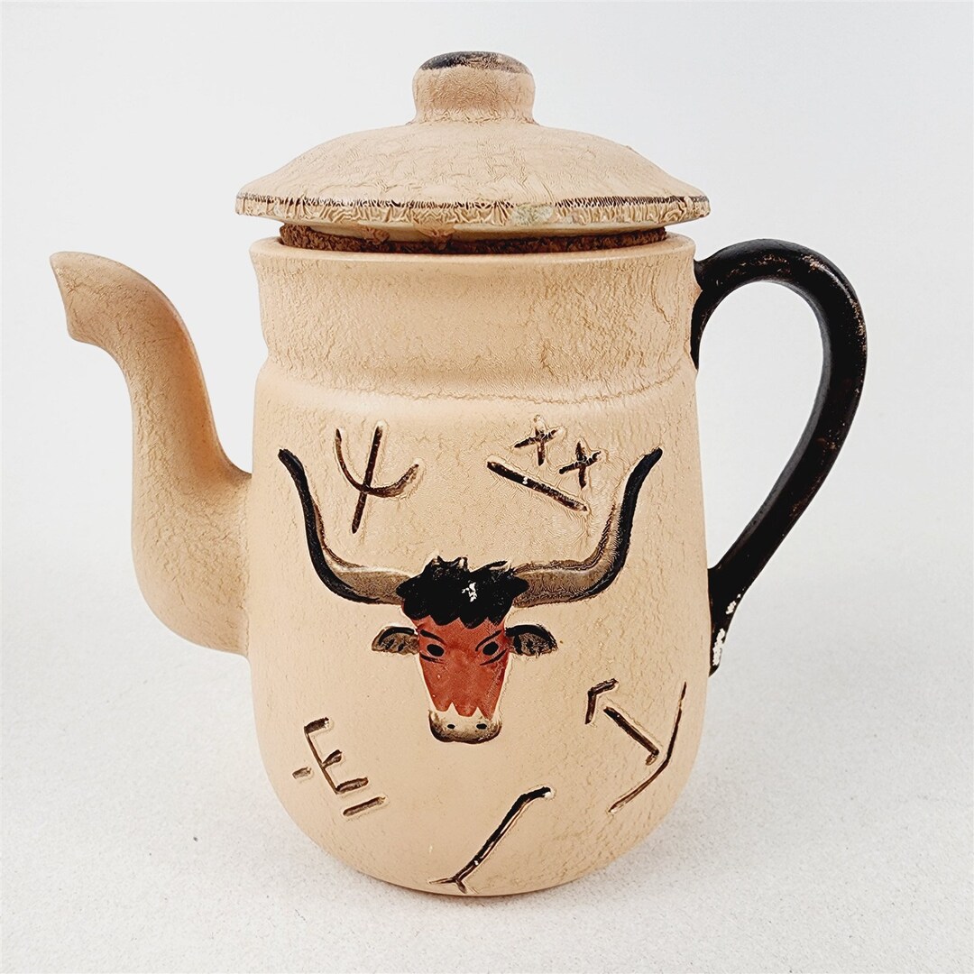 Vintage Small Coffee Pot Container Western Cowboy Theme Wrinkle Finish ...