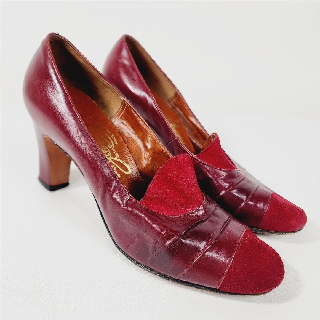 Vintage Johansen Red Two Tone Suede Leather Block Heels Womens Size 6 ...