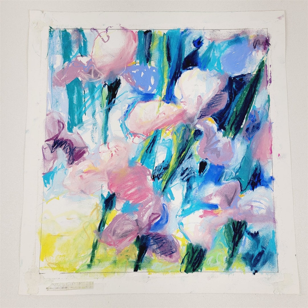 Ken Mattson Chalk Art Flowers Iris Pink Purple Blue 12x13 Original ...