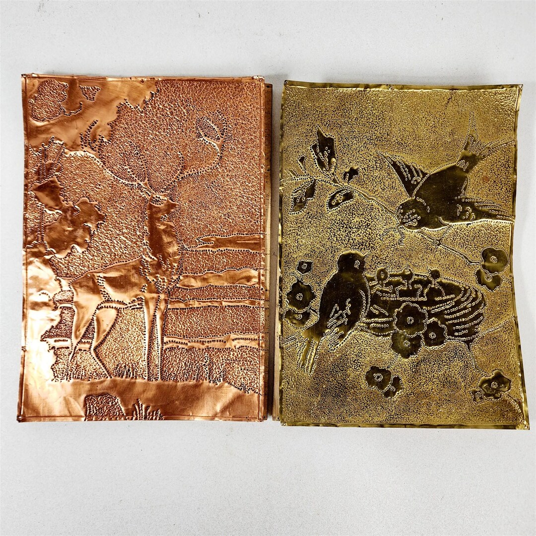 2 Vintage Punched Metal Art Copper Elk Brass Birds 7" X 10" - Etsy