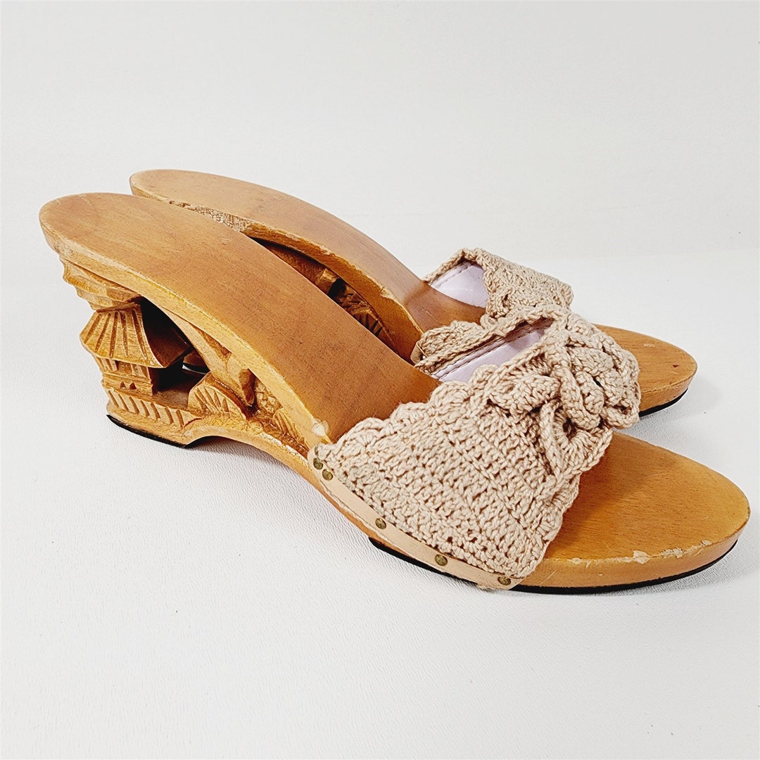 Vintage 1970s Carved Wood Wedge Shoe Sandals Tiki Crochet Mules Size 7 ...