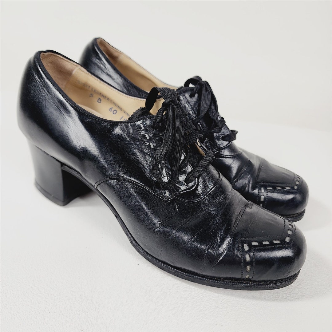 Vintage Barefoot Freedom Black Leather Lace up Shoes Heels Womens Size ...
