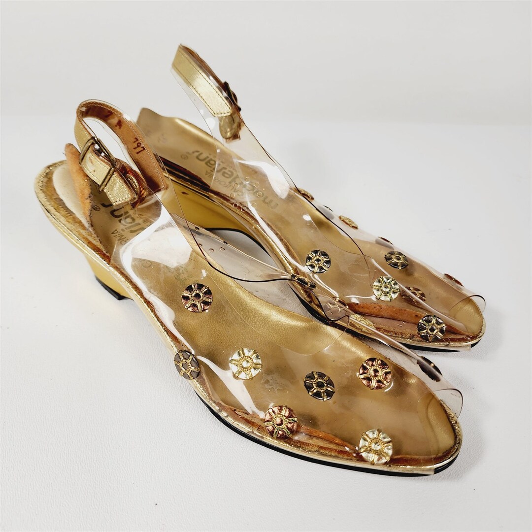 Vintage Magdesians California Clear Gold Accent Wedge Heel Shoes Womens ...