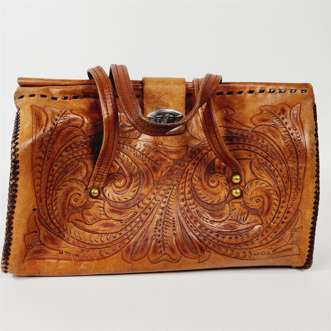 Vintage Hand Tooled Leather Purse Western Bag Floral Laced 2 Handle ...
