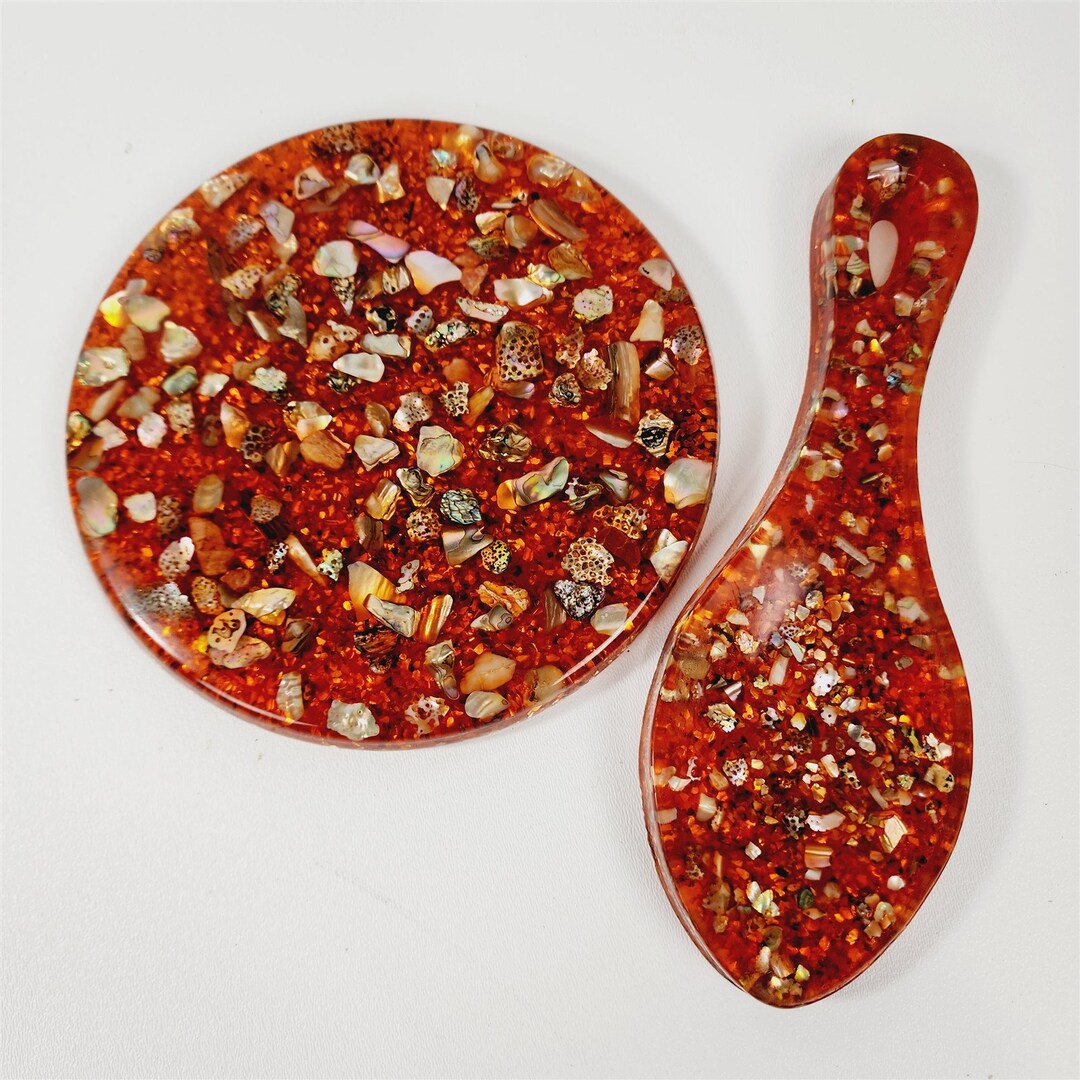 Vintage Lucite Acrylic Trivet & Spoon Rest Hyler Entp. Orange W/ Shells ...
