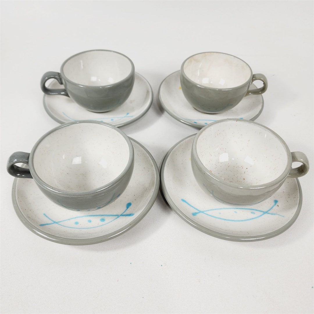 4 Vintage Harkerware Seafare Atomic Fish Stoneware Speckle Tea Cup ...