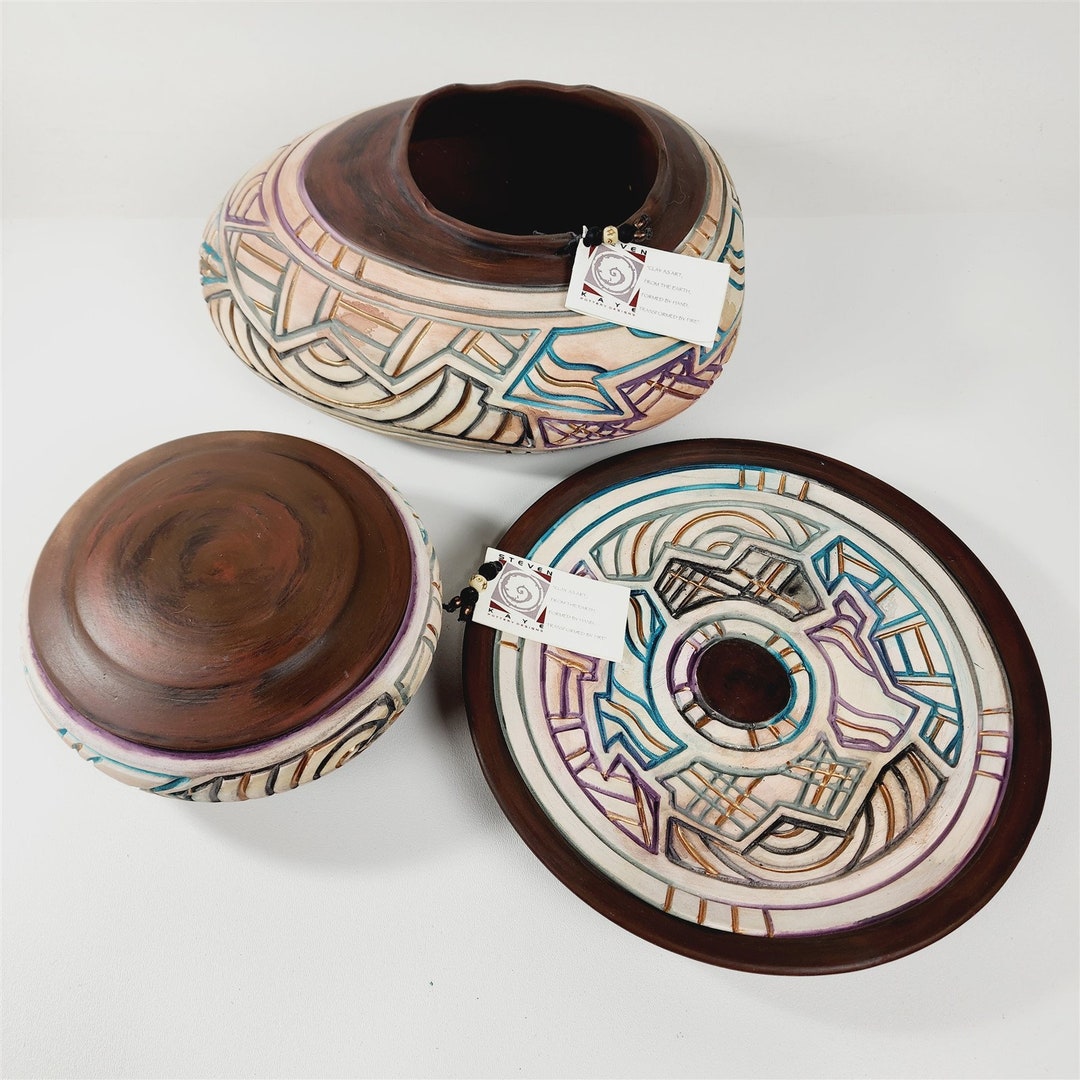 3 Piece Steven Kaye Pottery Matching Set Pot Plate & Covered Bowl 2002 ...