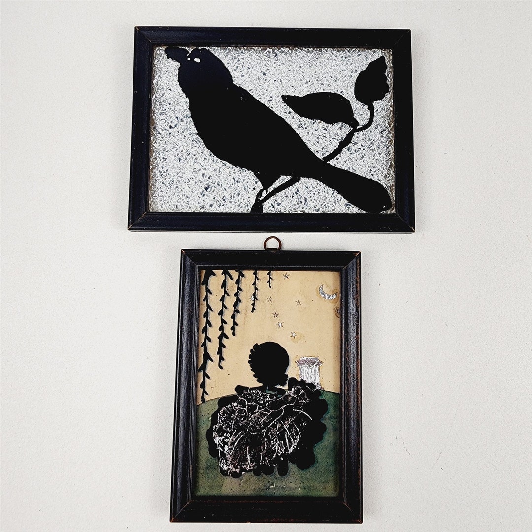 2 Vintage Reverse Silhouette Foil Art Pictures Bird on Branch Girl in ...