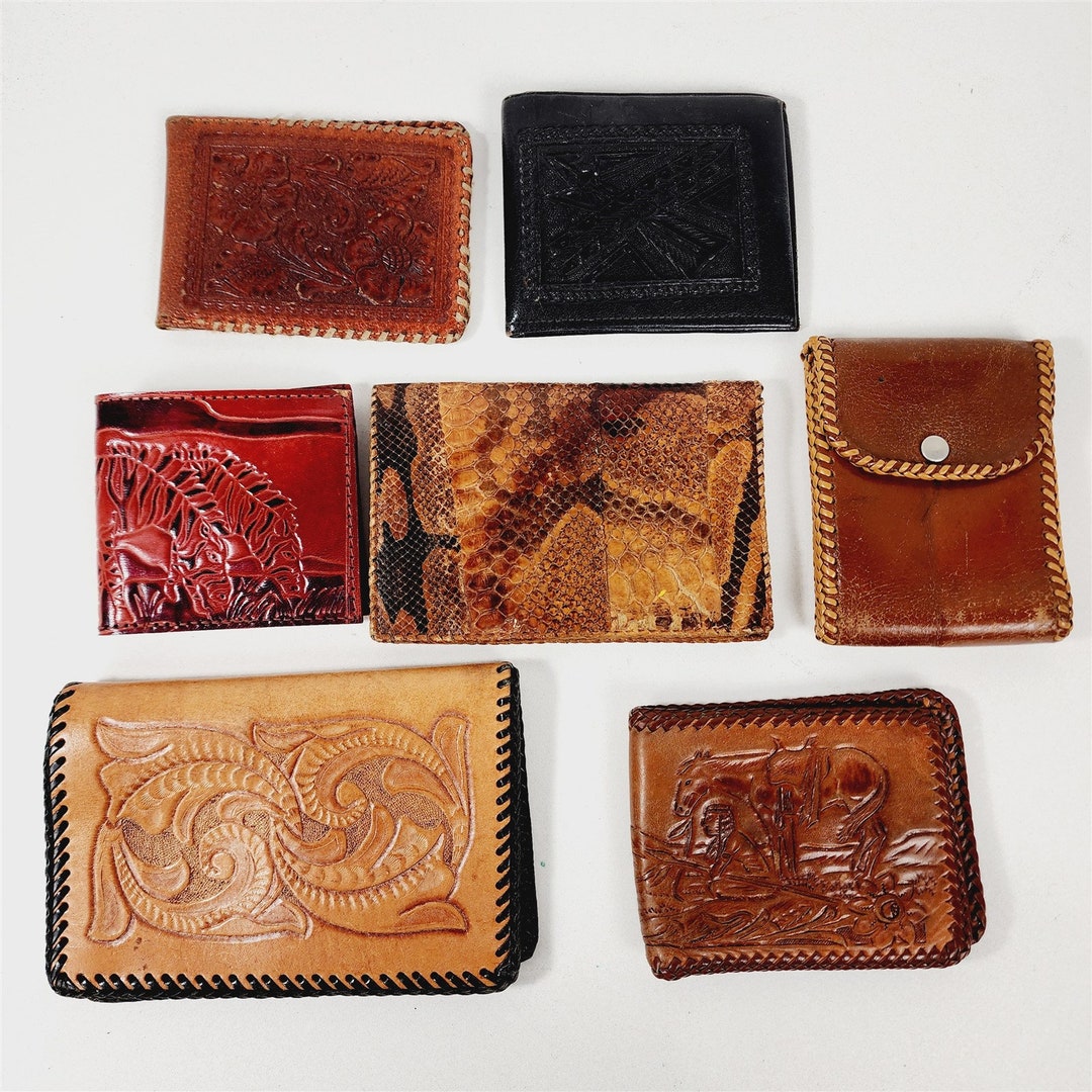 7 Vintage Leather Wallets Hand Tooled Snakskin Laced Edges - Etsy
