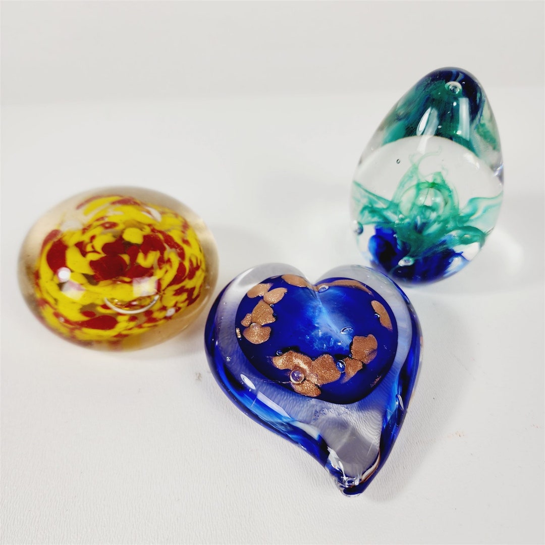 3 Vintage Glass Paperweights Egg Heart Shape Signed Blue Yellow Red - Etsy