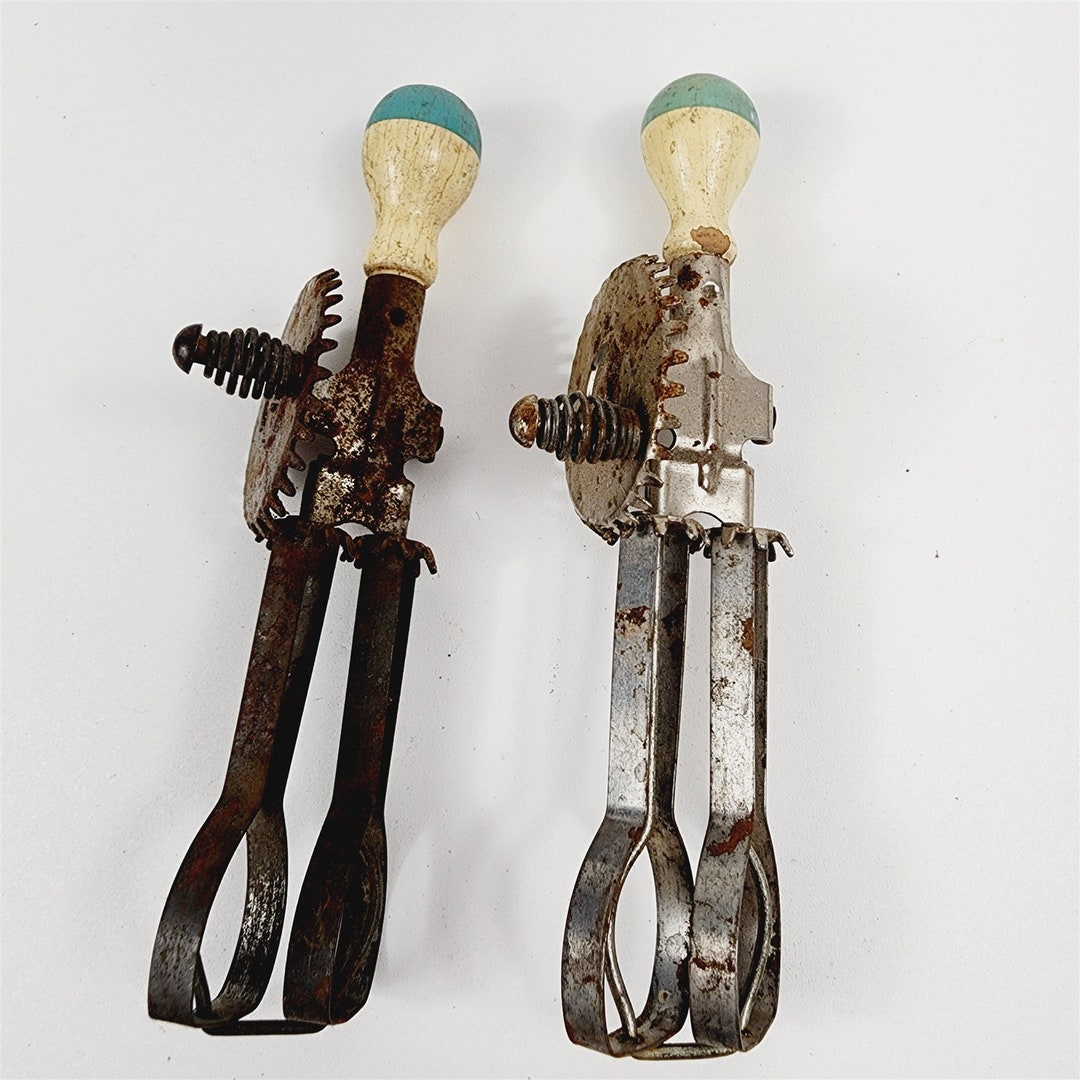 2 Vintage No. 68 A&J Small Mini Hand Mixer Egg Beaters Blue White Wood ...