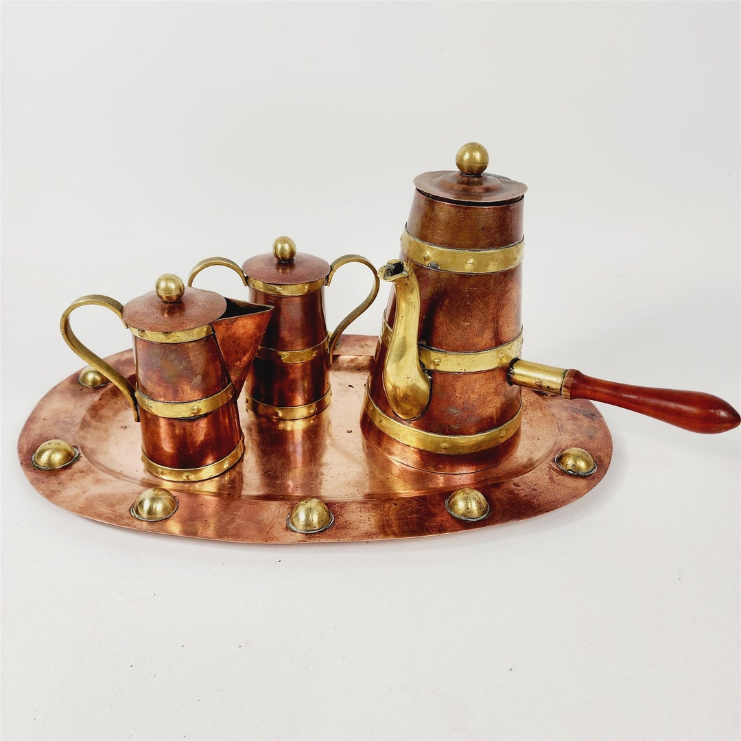 Vintage Copper & Brass Hecho En Mexico Coffee Pot, Tray, Sugar Creamer ...