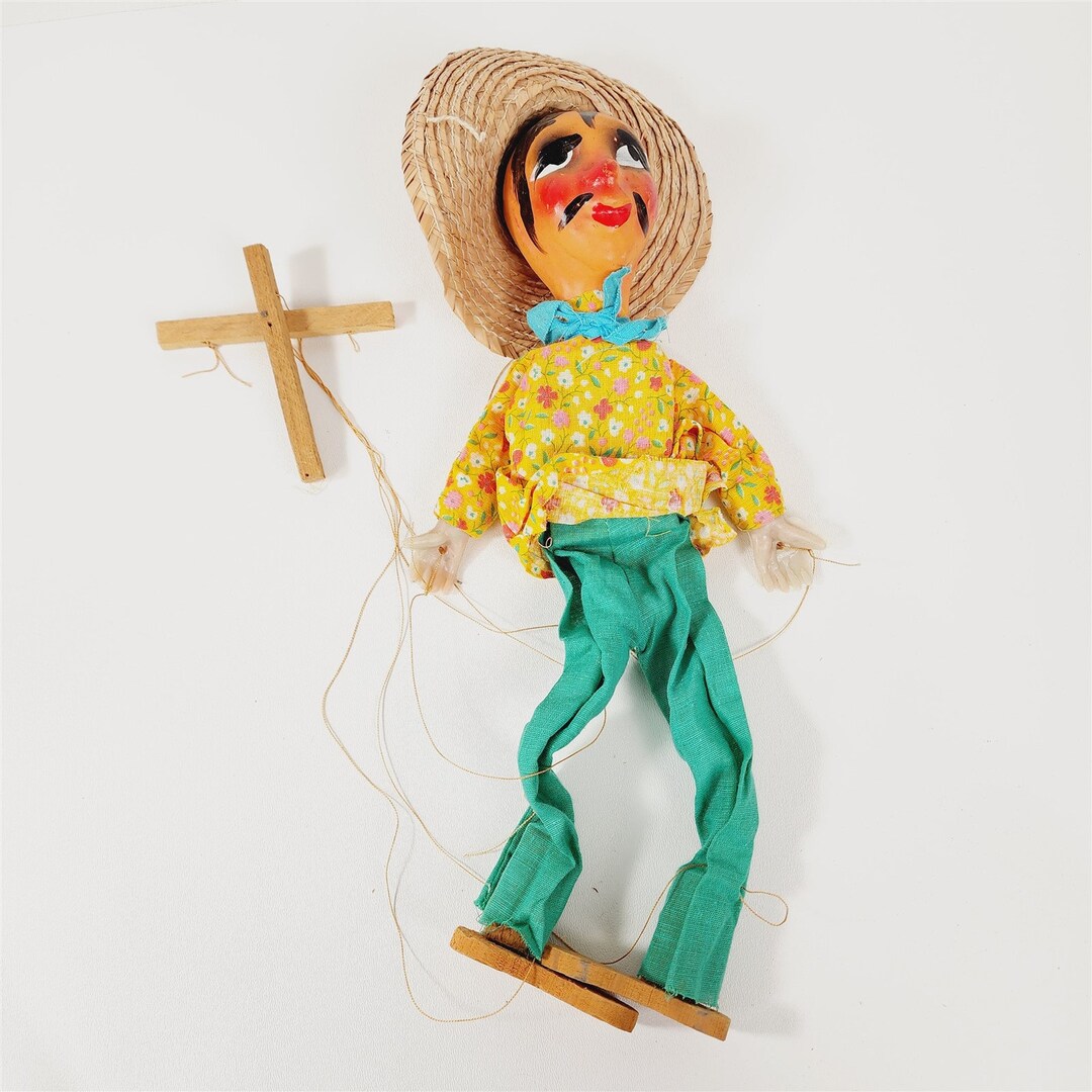 Vintage Mexican Puppet Marionette Folk Art Clay Head Plastic Hands Man ...