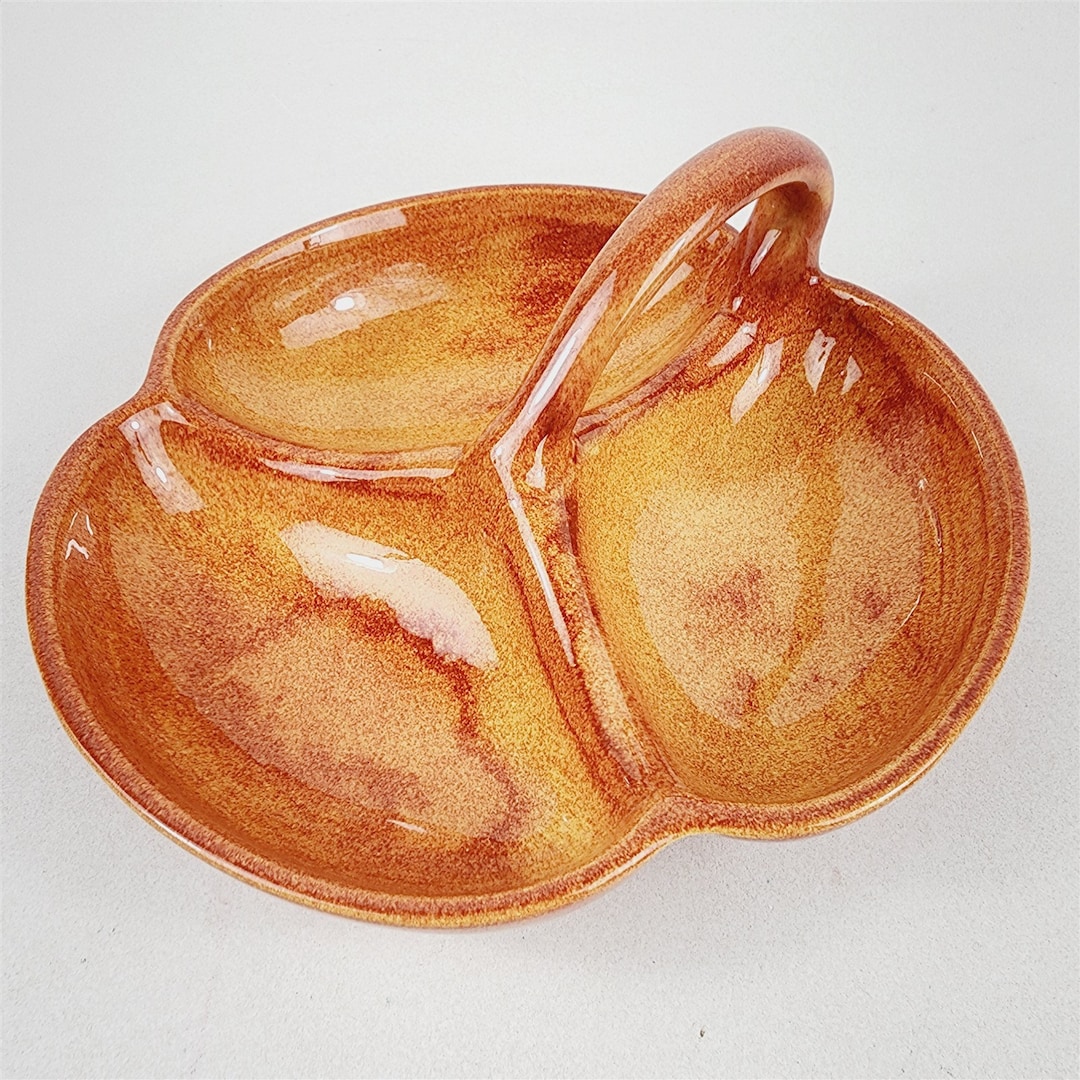 Vintage MCM Ceramic Divided Dish Serving Tray W/ Handle Orange USA 9 1/ ...