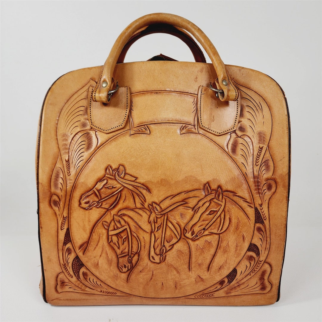 Vintage Hand Tooled Leather Bowling Ball Carrying Bag Horses Floral Bad ...