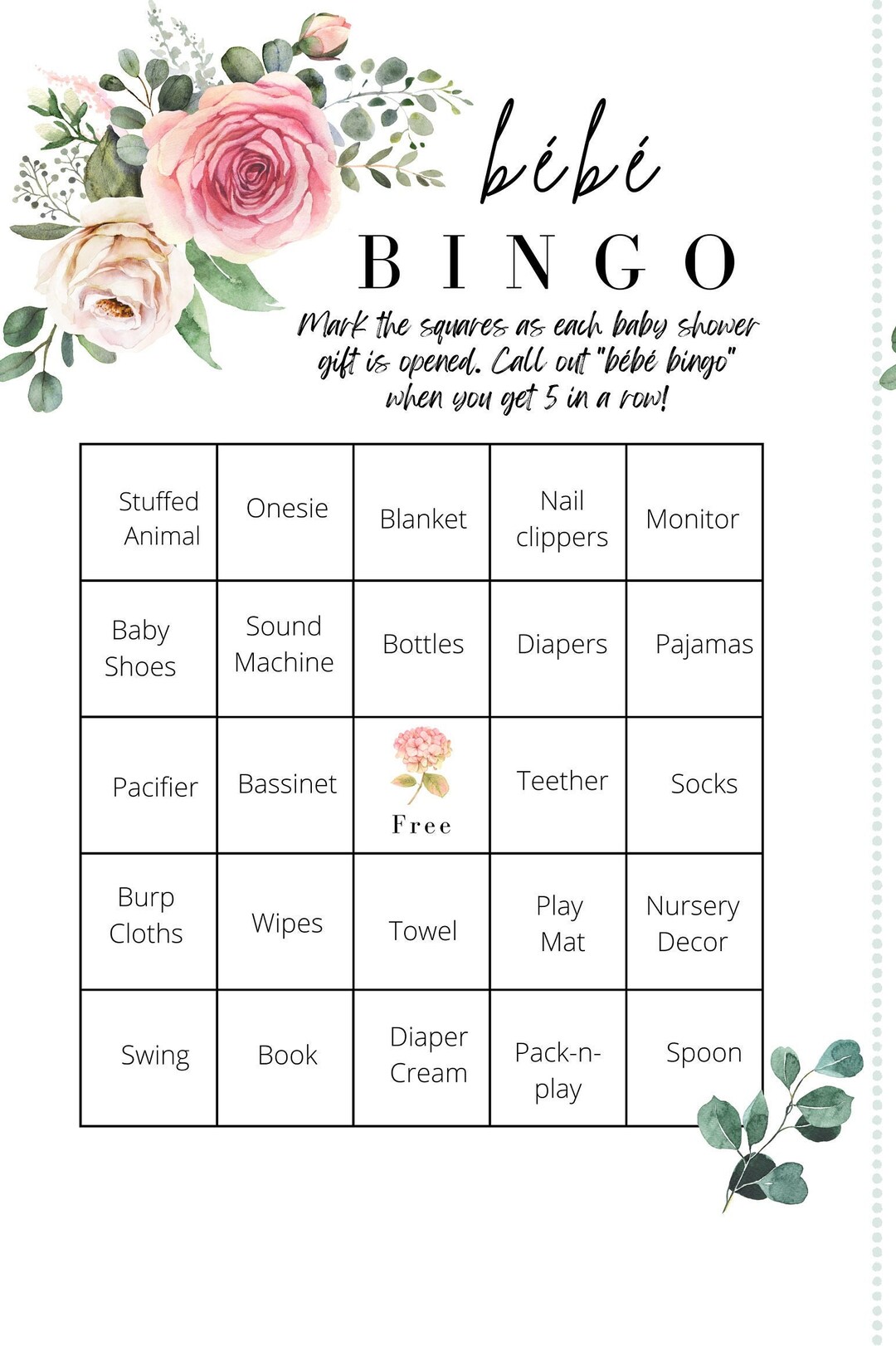 Bebe Bingo Baby Shower Bingo Card Game 20 Cards Digital Download ...