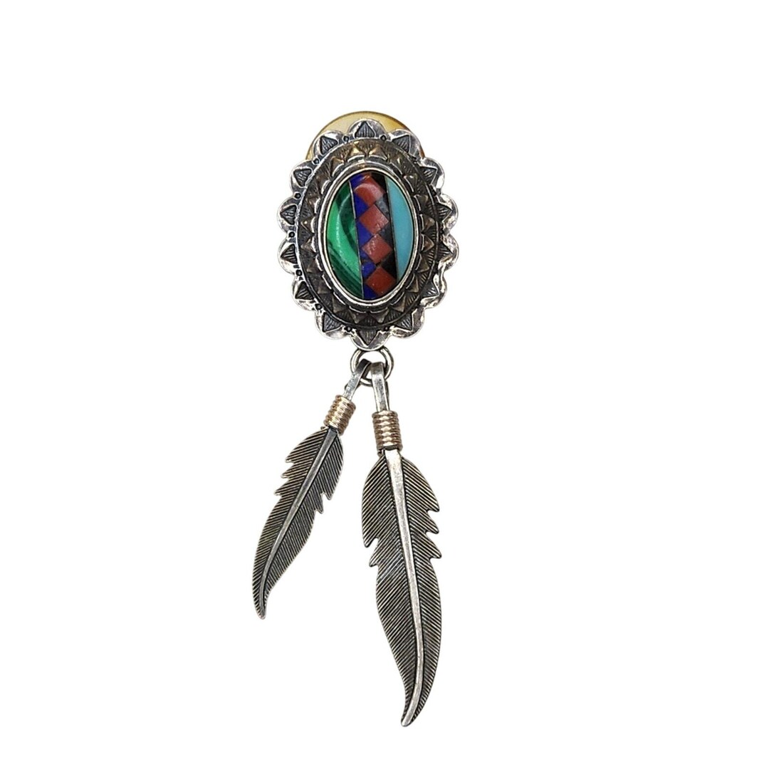 SINGLE QT Signed Sterling Silver Zuni Mosaic Feather Earring Turquoise ...