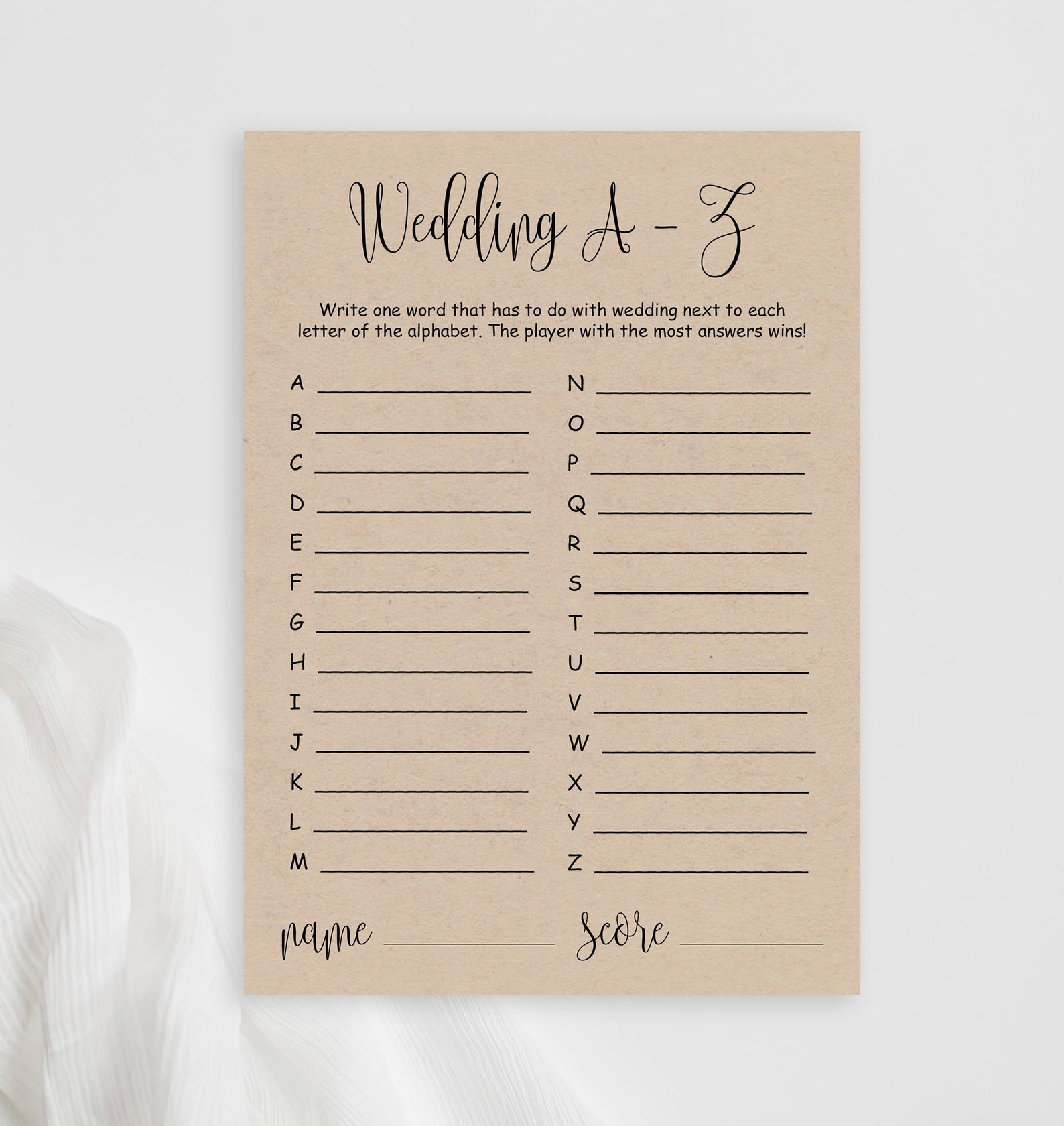 Wedding A-Z Game Printable Rustic Wedding A to Z Cards Bridal Alphabet ...