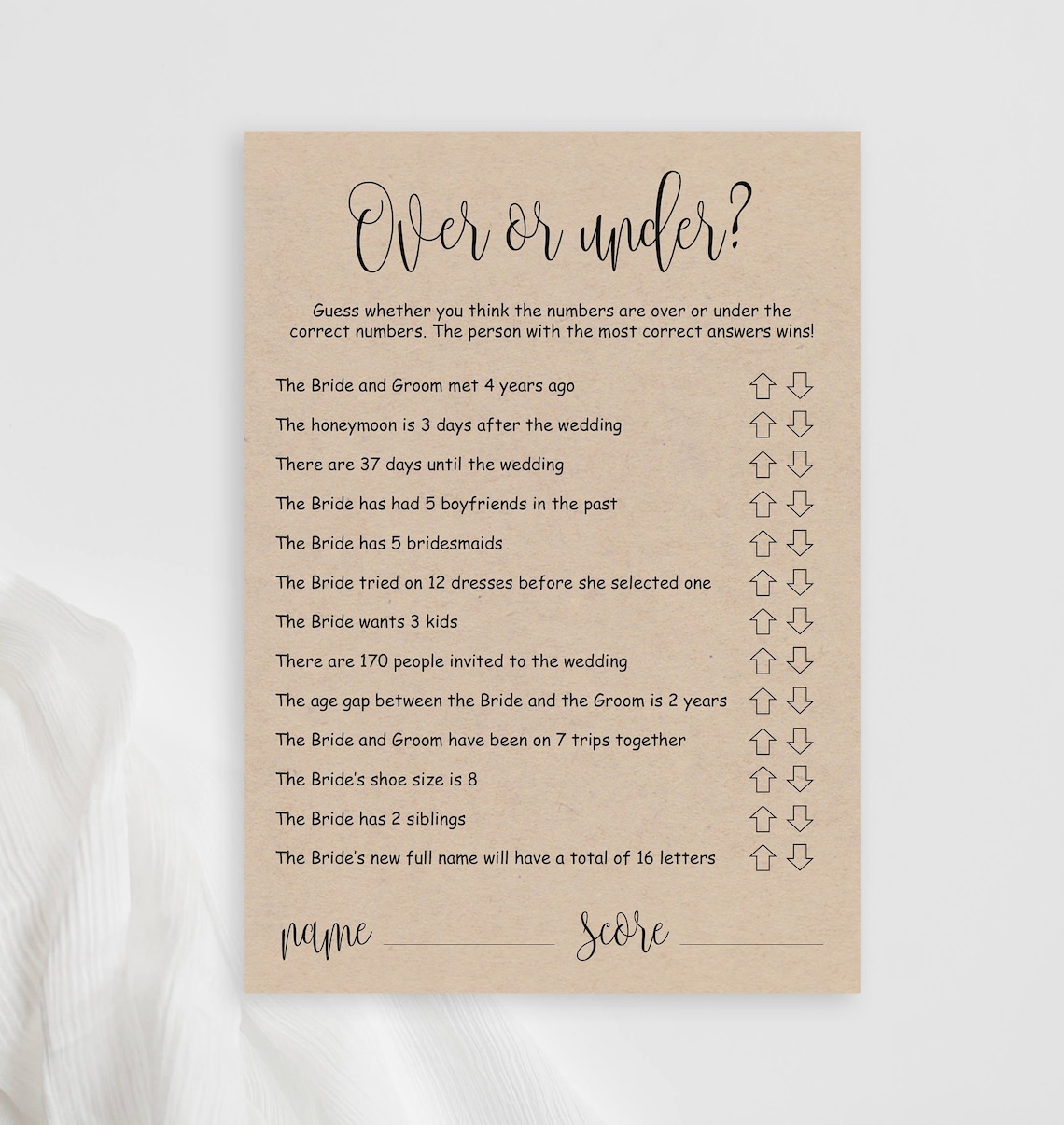 Over or Under Game Over and Under Printable Rustic Kraft | Etsy