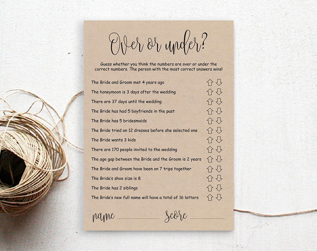 Over or Under Game Over and Under Printable Rustic Kraft Bridal Shower ...