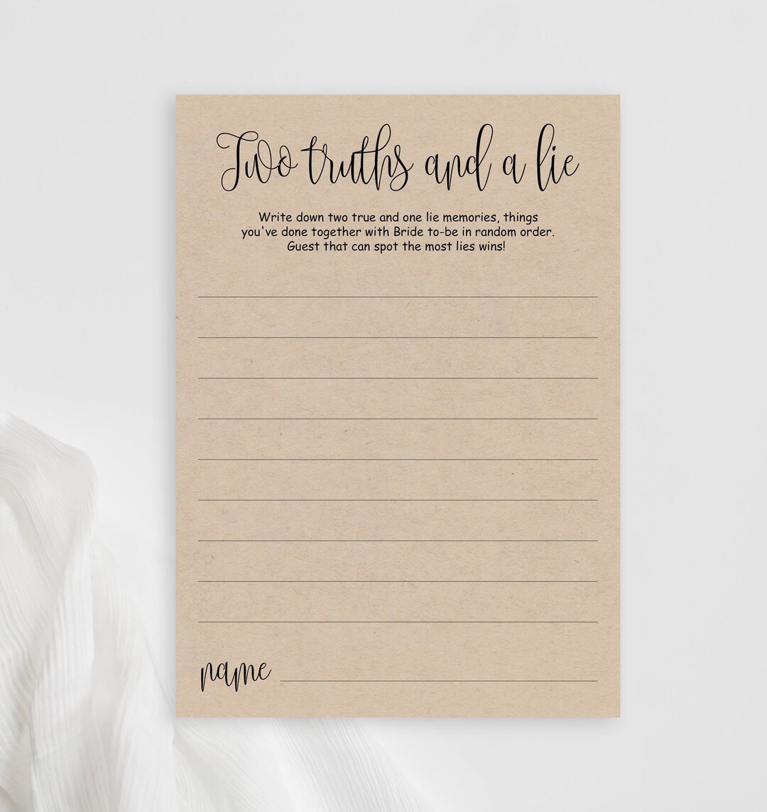 Two Truths and a Lie Bridal Shower Game Card Printable Rustic Two ...