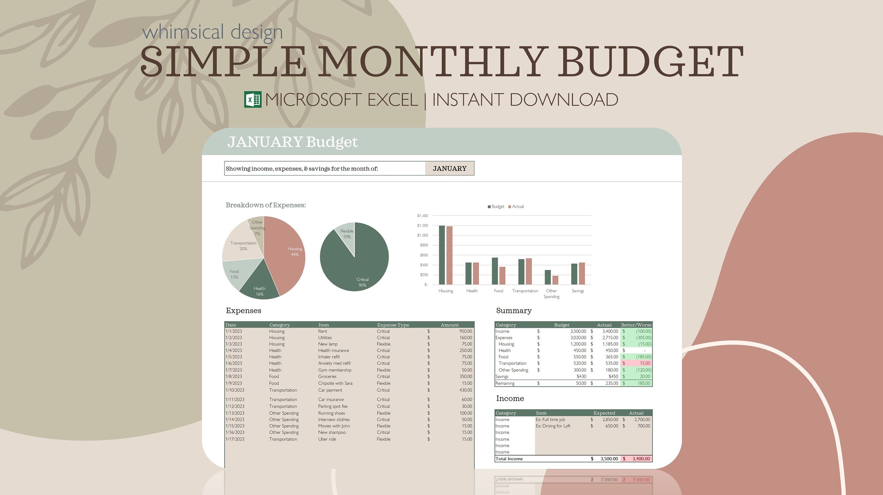 Simple Easy Monthly Budget Personal Budget Excel Spreadsheet Beginner ...