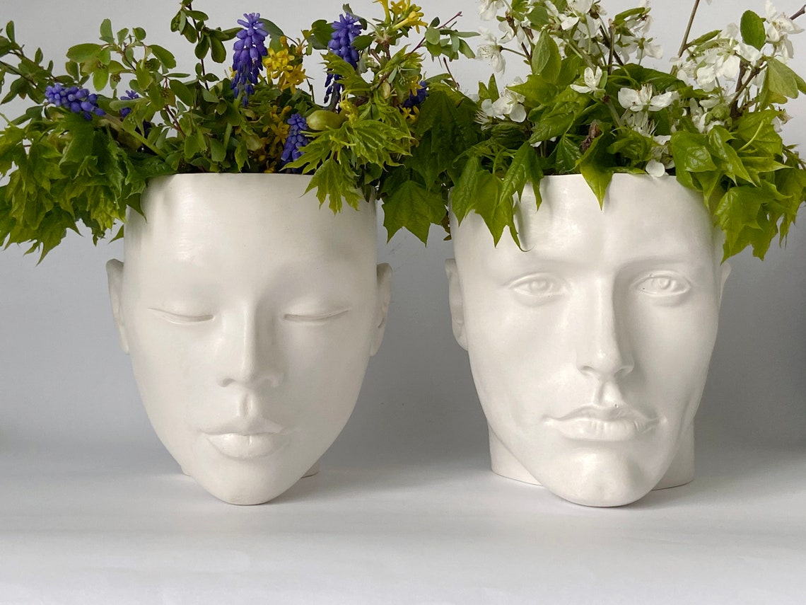 Head Planter Female "black Marble" Pot Face Vase Wall Hang Table ...
