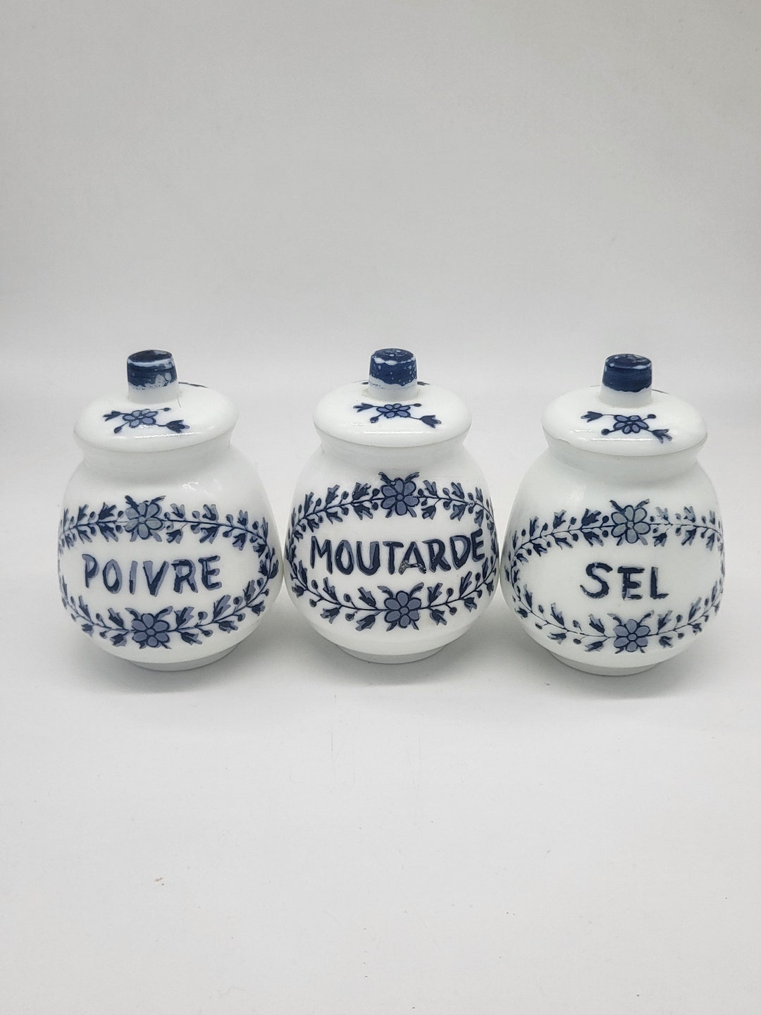 3 Vintage Opaline Spice Jars Opalex Pepper Salt Mustard Blue Flowers - Etsy
