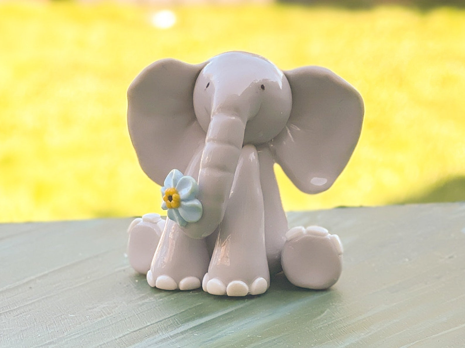 Handmade Clay Elephant Holding a Single Forget-me-not Flower, Gift for ...