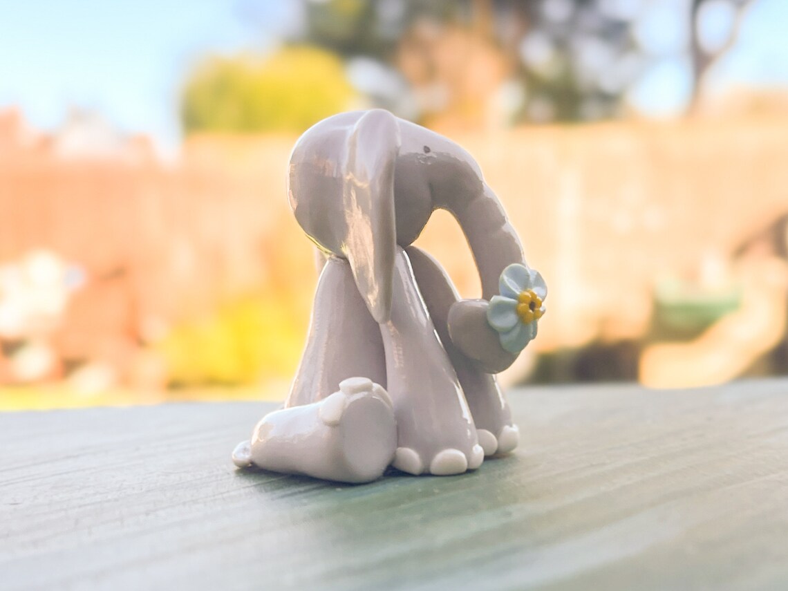 Handmade Clay Elephant Holding a Single Forget-me-not Flower, Gift for ...