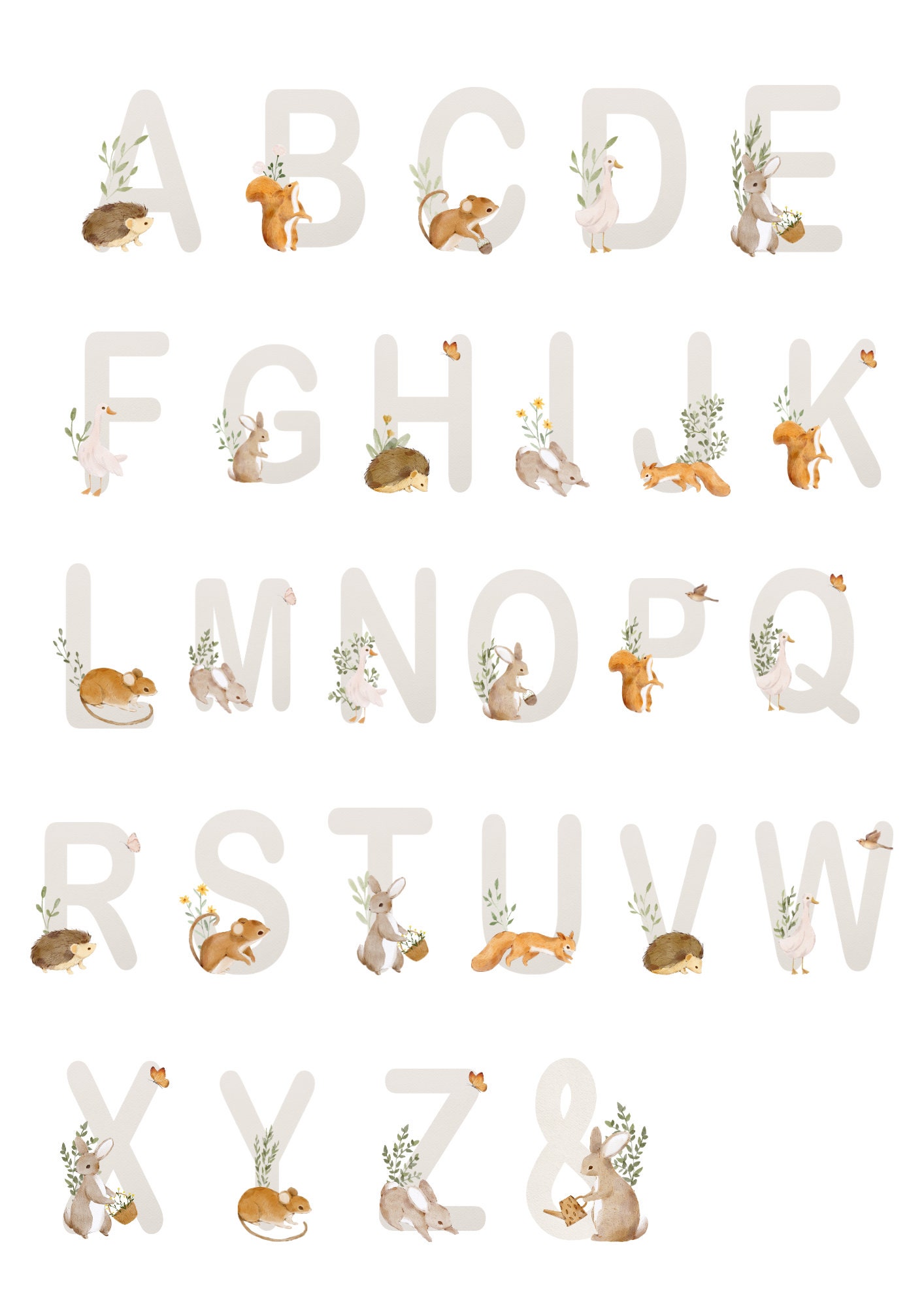 Watercolor Animal Alphabet Letter Set for Nursery Wall Decor, Newborn ...
