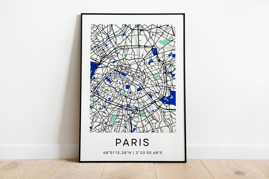 Mapa de la ciudad de París Imprimir azul y blanco minimalista Mapa de ...