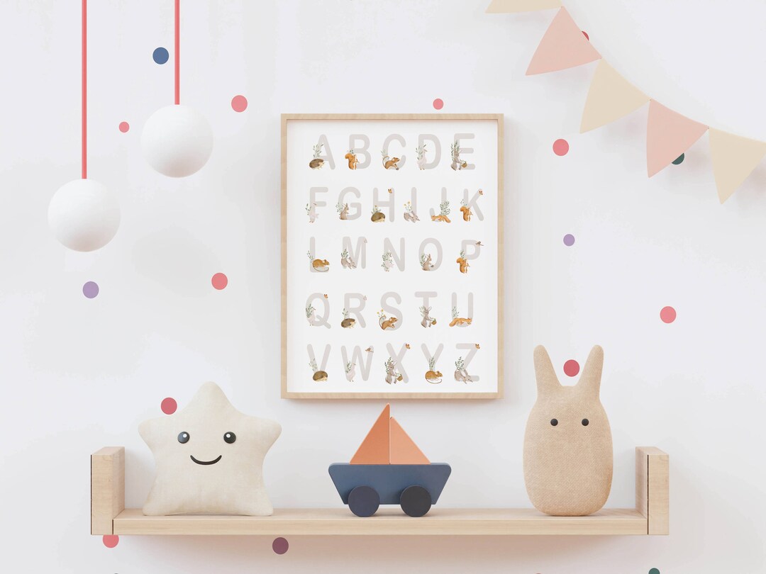 Alphabet Poster ABC Print Set Beige Watercolor Animals Initial Alphabet ...