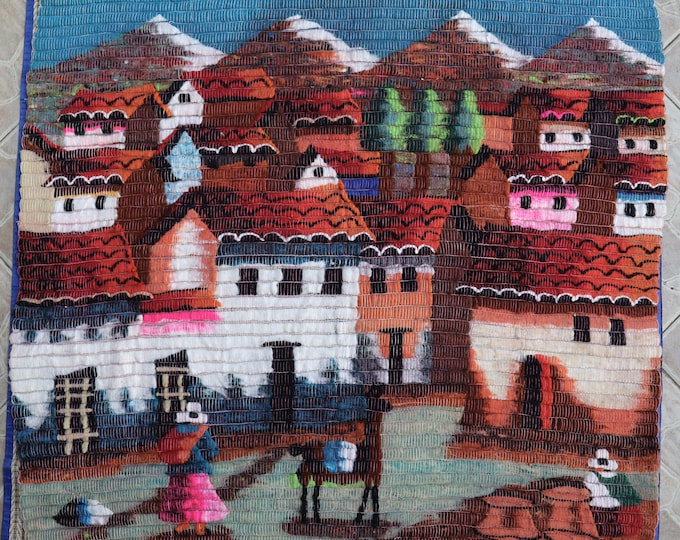 Vintage Peruvian Wool Hand Woven Tapestry Wall Hanging Village of Andes ...