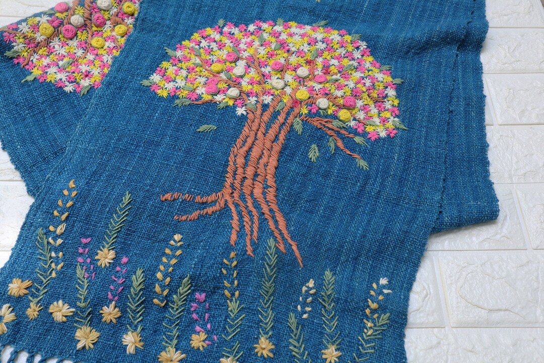 Vintage Thailand Table Runner Charming Floral Big Tree Theme Indigo Dye ...