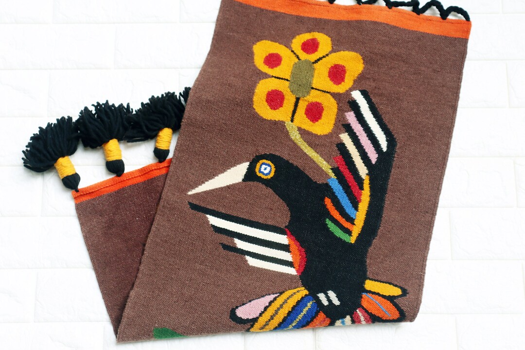 Vintage Ecuadorian Hand Woven Wool Rug Bird Blooming Flower Wall ...