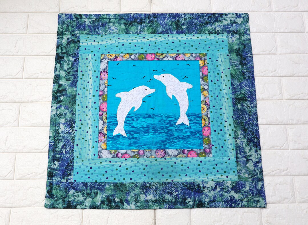 Vintage Quilt Two Dolphins Jumping Motif Wall Hanging Tapestry Aquatic ...