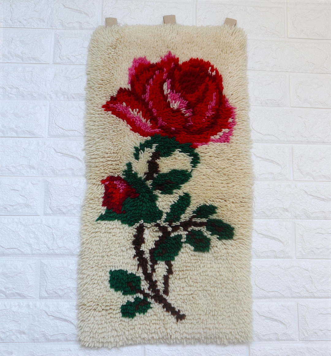 Vintage Latch Hook Rug Red Rose Pattern Germany Smyrnafix Handarbeit ...