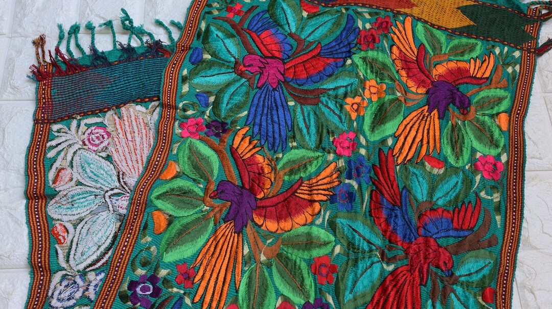 Vintage Chiapas Embroidery Mexican Table Runner Rainbow Macaw Pattern ...
