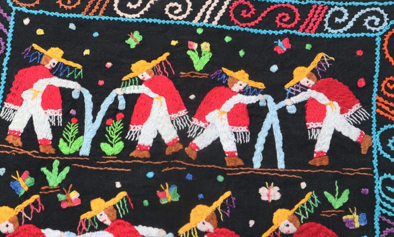 Vintage Mexican Story Cloth Embroidery: Folk Art Tapestry Wall Hanging ...