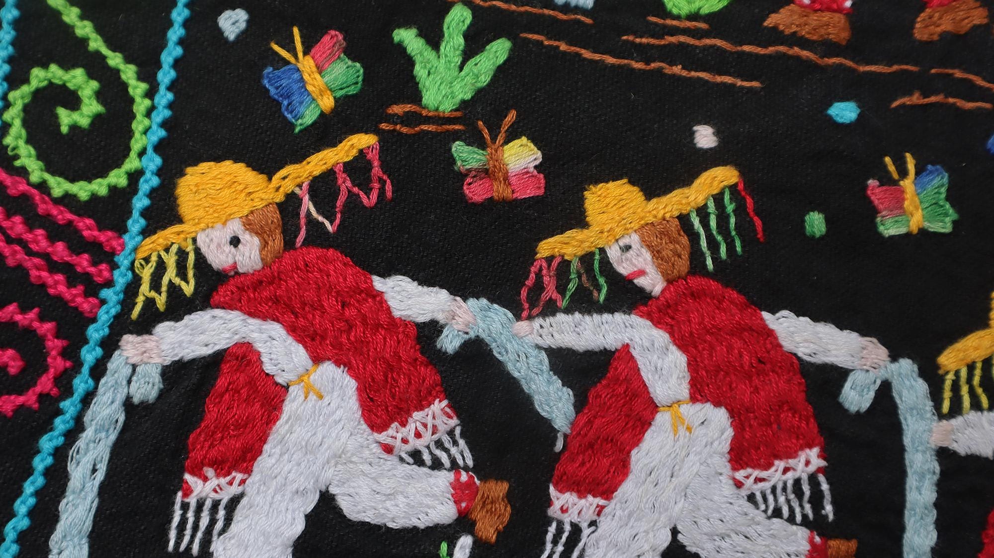 Vintage Mexican Story Cloth Embroidery: Folk Art Tapestry Wall Hanging ...